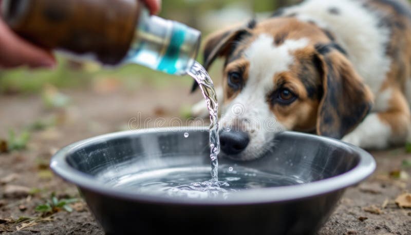 Thirsty Dog Drinking Fresh Water from Bowl Outdoors Stock Photo - Image of drinking, black ...