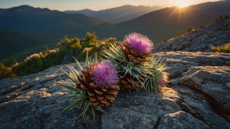 Stunning Thistle Blooms at Golden Hour Mountaintop Stock Illustration ...
