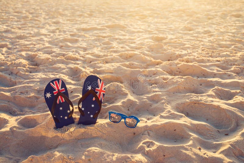 Aussie Thongs on the Beach at Sunset Stock Photo - Image of patriotism ...