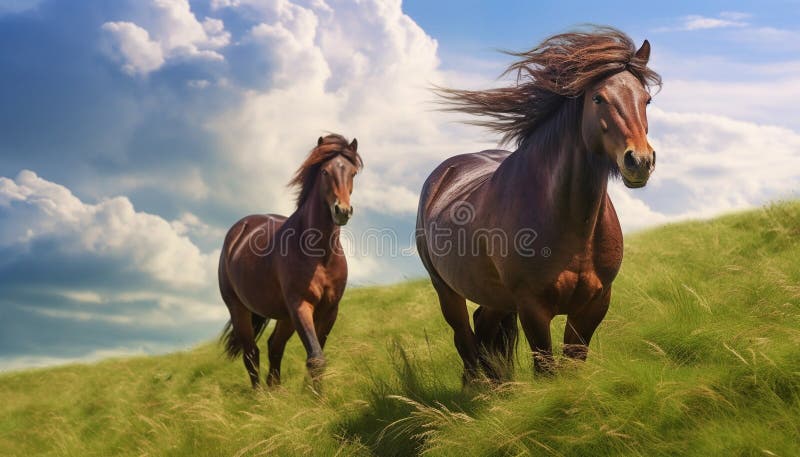 Thoroughbred Horse Running Free in Tranquil Meadow at Dawn Generated by ...