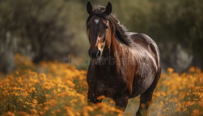Thoroughbred Stallion Runs in Wet Meadow Competition Generative AI ...