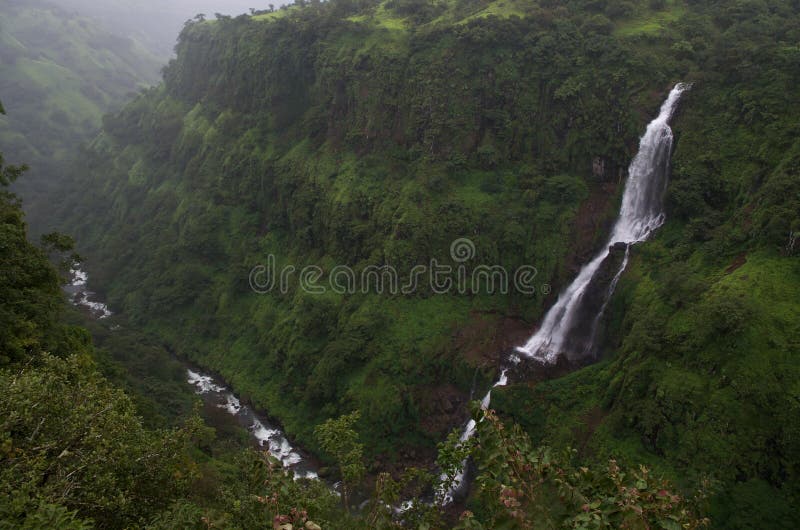 Thoseghar Waterfall and Dark Mountain Greenery Stock Image - Image of ...