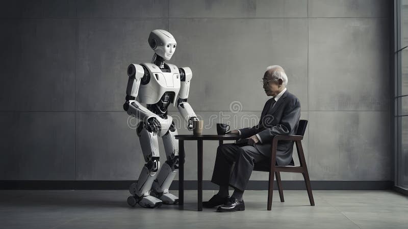 Elderly Man and Humanoid Robot Sharing a Moment Stock Illustration ...