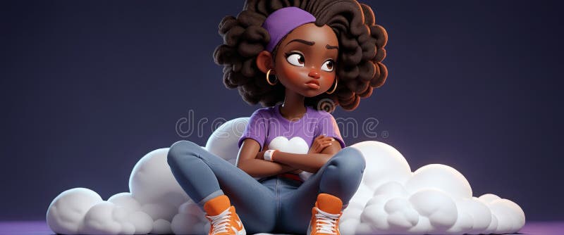 Thoughtful Animated Character Sitting on Cloud with Folded Arms Stock ...