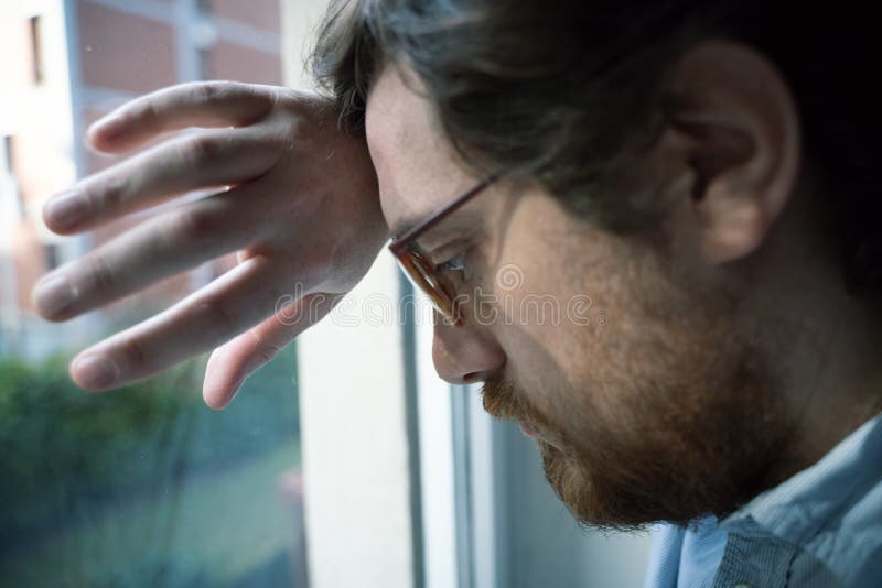 Thoughtful Anxious Guy Looking Out the Window Stock Image - Image of ...