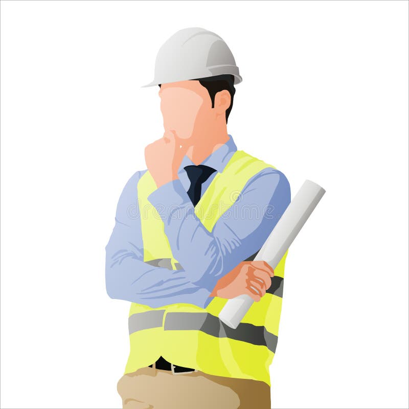 Thoughtful Architect Holding Blueprints Isolated on White Stock Vector ...