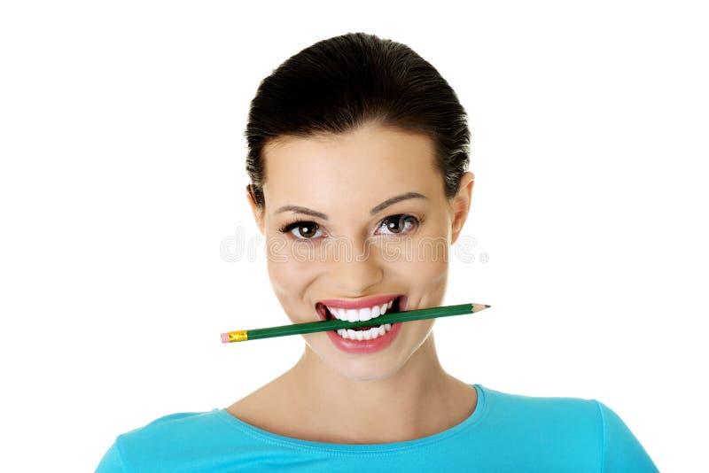 Thoughtful Attractive Student Woman Biting Pencil Stock Photo - Image ...