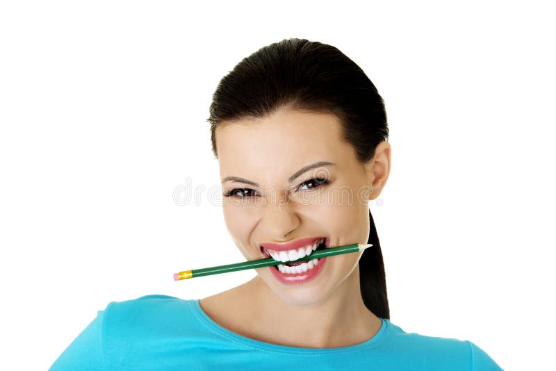 Thoughtful Attractive Student Woman Biting Pencil Stock Image - Image ...