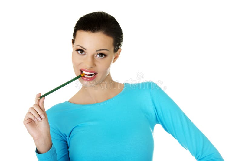 Thoughtful Attractive Student Woman Biting Pencil Stock Photo - Image ...