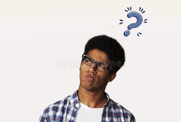 Thoughtful Black Man with Question Mark Over His Head Having Doubts ...