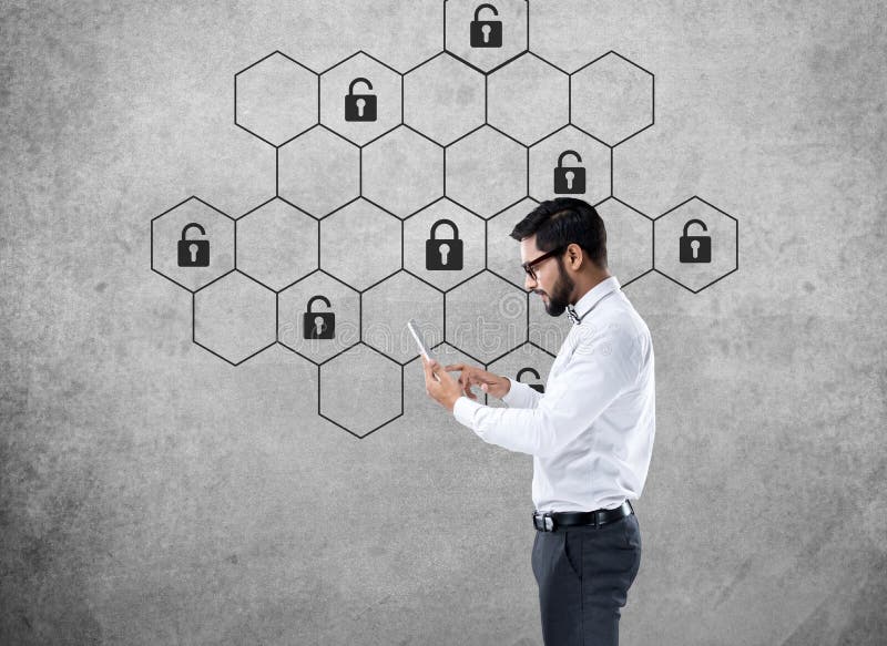 Thoughtful Businessman with Hexagonal Lock Security Concept Stock Image ...