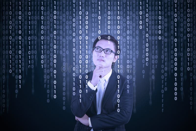 Thoughtful Businessman Looking at Binary Code Stock Photo - Image of ...