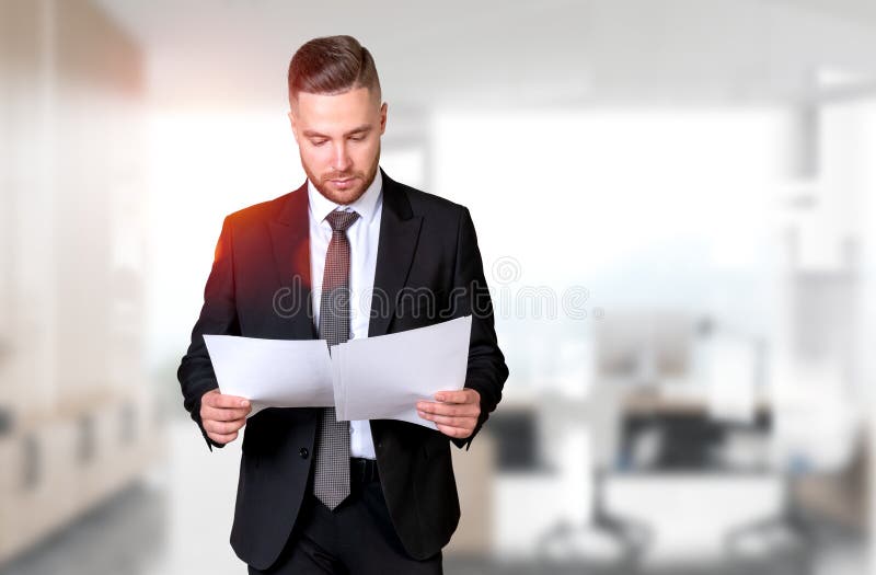 Thoughtful Businessman Wearing Formal Suit Standing Reading Note Stock ...