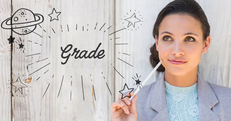 Thoughtful Businesswoman Looking at Text and Icons Stock Photo - Image ...