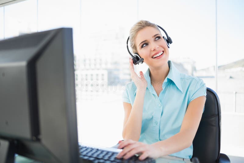 Thoughtful Call Centre Agent Working on Computer Stock Photo - Image of ...