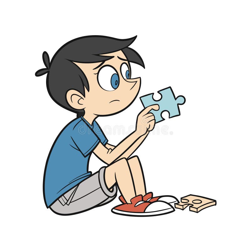 Thoughtful Cartoon Boy Solving Puzzles Stock Illustration ...