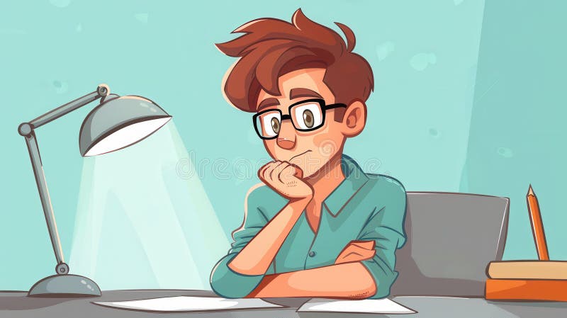 Thoughtful Cartoon Character in a Study Environment Stock Image - Image ...
