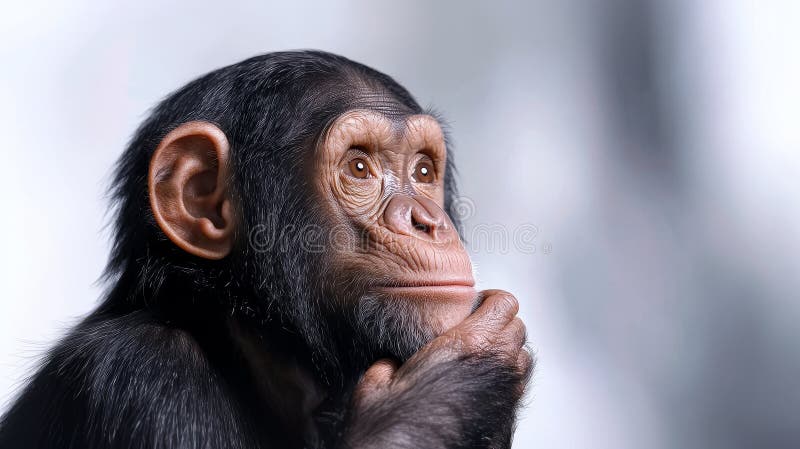 Thoughtful Chimpanzee with Hand on Chin Contemplating in Profile Stock ...