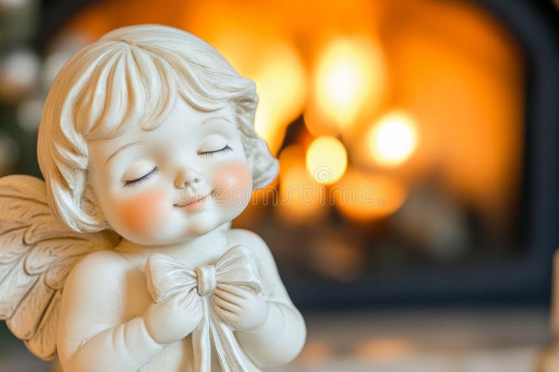 A Thoughtful Cupid Holding a Bow with a Blurred Fireplace Adding Warmth ...