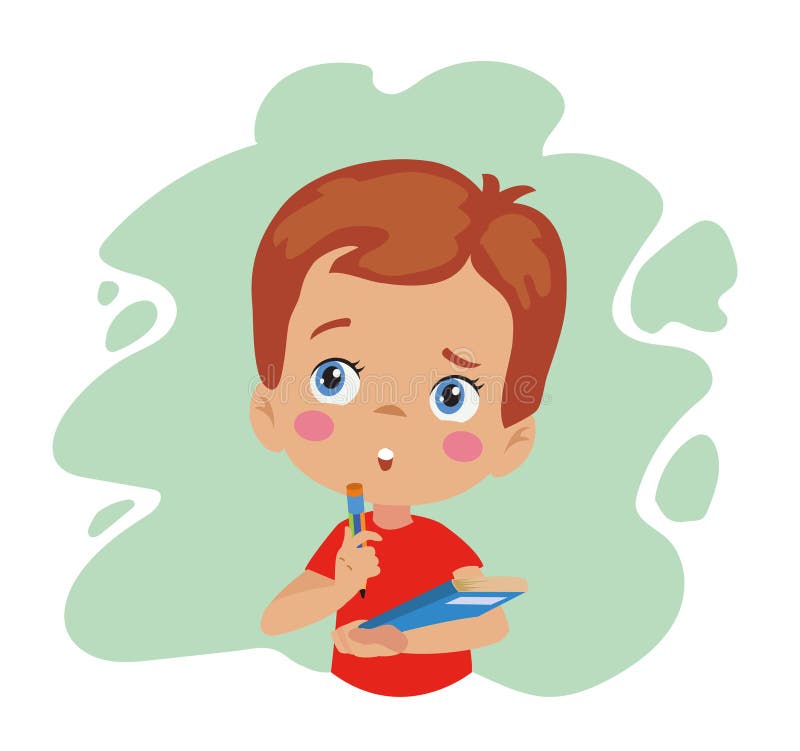 Thoughtful Cute Boy Taking Notes and Book Stock Vector - Illustration ...