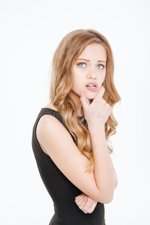 Thoughtful Cute Young Business Woman Standing and Thinking Stock Image ... Thoughtful Cute Young Business Woman Standing and Thinking Stock Image ...