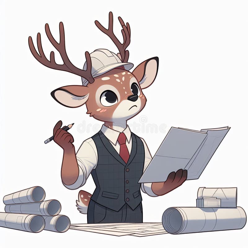 Thoughtful Deer Engineer with Rolled Plans Stock Illustration ...