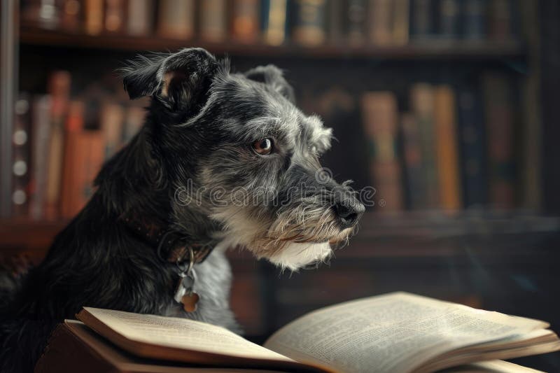 Thoughtful Dog Posing with Open Book in Library Stock Image - Image of ...