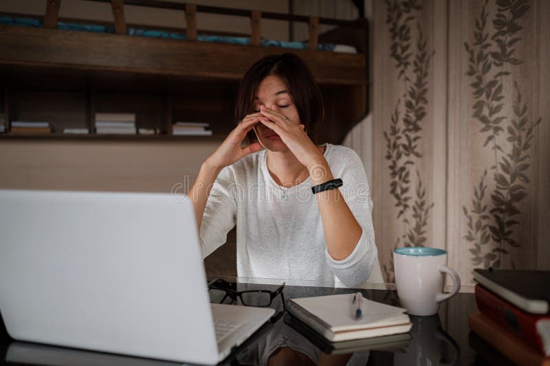 Upset Asian Woman Working from Home Office Stock Photo - Image of ...