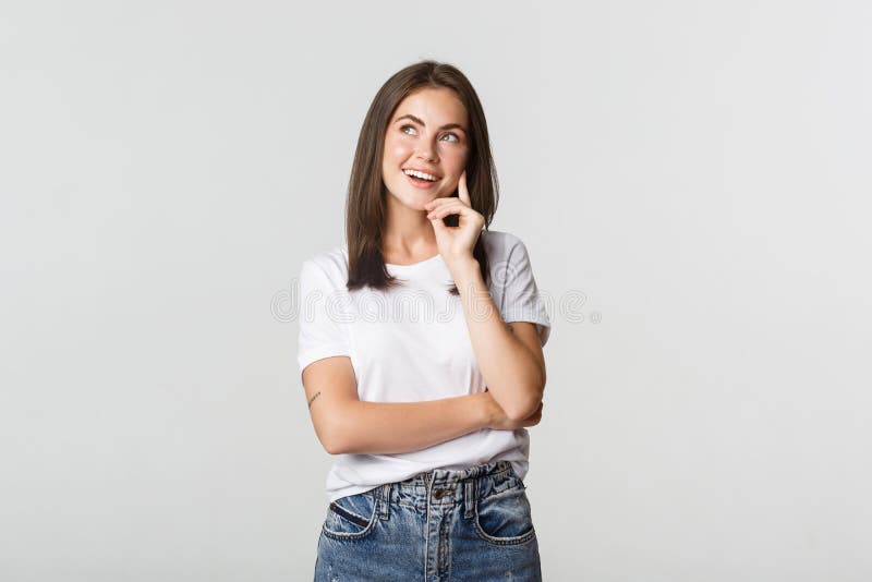 Thoughtful and Dreamy Beautiful Girl Looking Upper Left Corner, Making ...