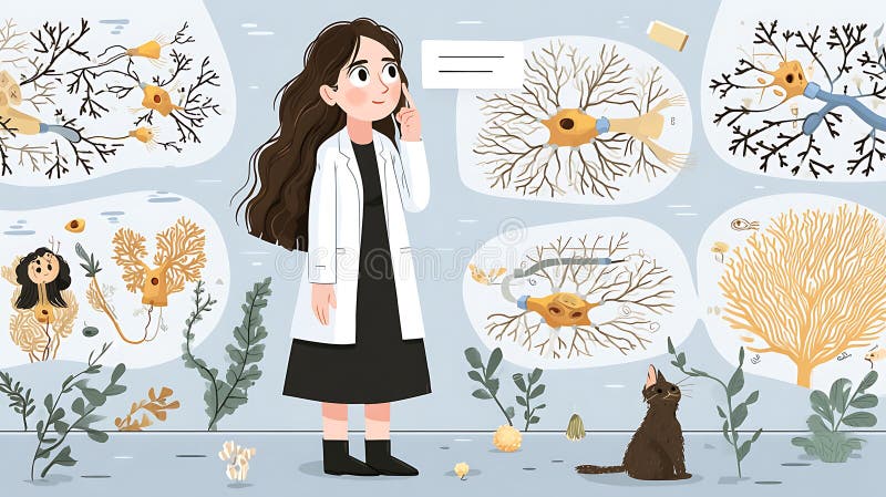 A Thoughtful Female Scientist Studying Complex Neuron Diagrams with a ...