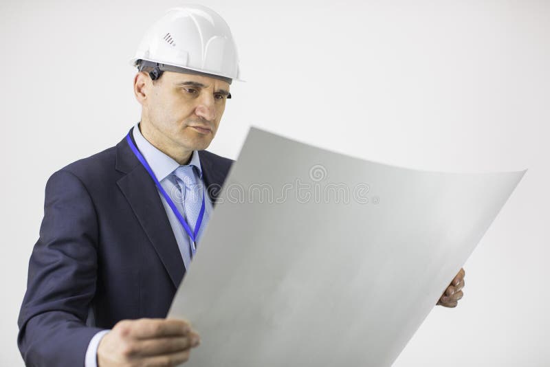 Thoughtful and Focused on Constructor in Helmet Formal Clothing Look at ...