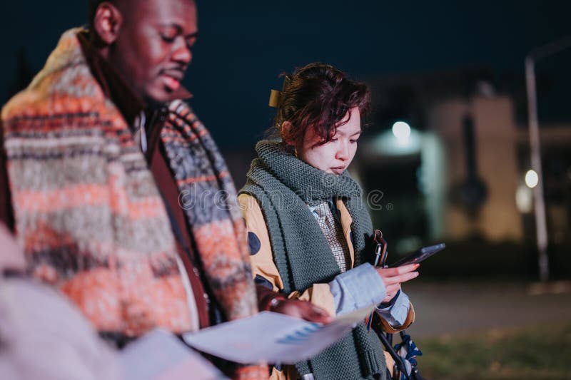 Multiracial Individuals Collaborating during Nighttime, Engaged in ...