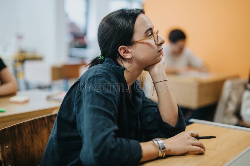 Thoughtful High School Student Sitting in Classroom during Lesson Stock Photo - Image of desk ...