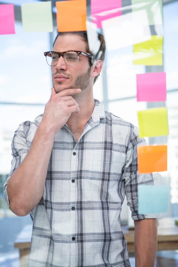 Thoughtful Hipster Man with Post-it Stock Image - Image of casual ...