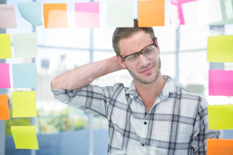 Thoughtful Hipster Man with Post-it Stock Image - Image of office ...