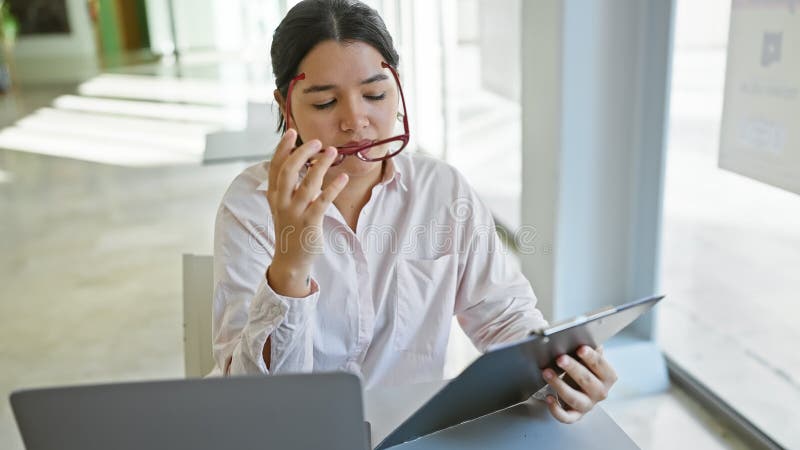 Thoughtful Hispanic Woman Reviewing Documents in a Modern Office ...