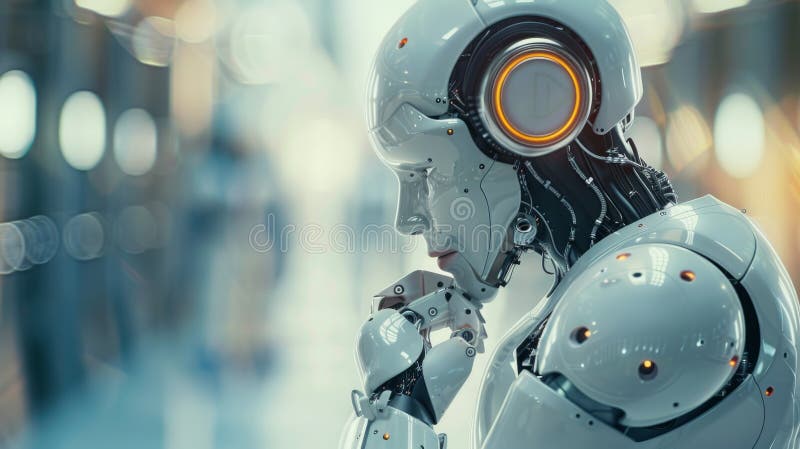 A Thoughtful Humanoid Robot in a Futuristic Setting, Contemplating in a High-tech Environment ...