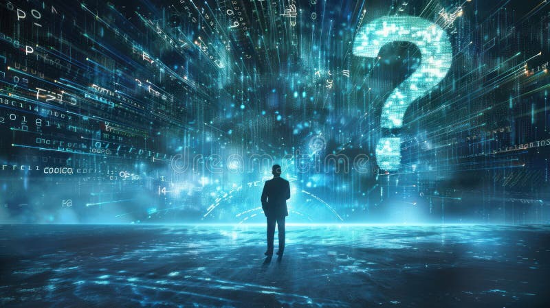 A Thoughtful Individual Looking at a Question Mark on a Digital Screen ...