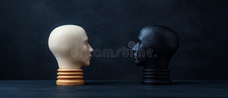 Thoughtful Interaction between Black and White Sculpted Heads Against a ...