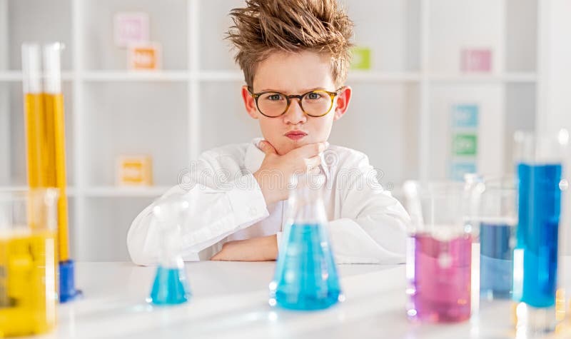 Thoughtful Little Scientist Thinking Over Problem Stock Photo - Image ...