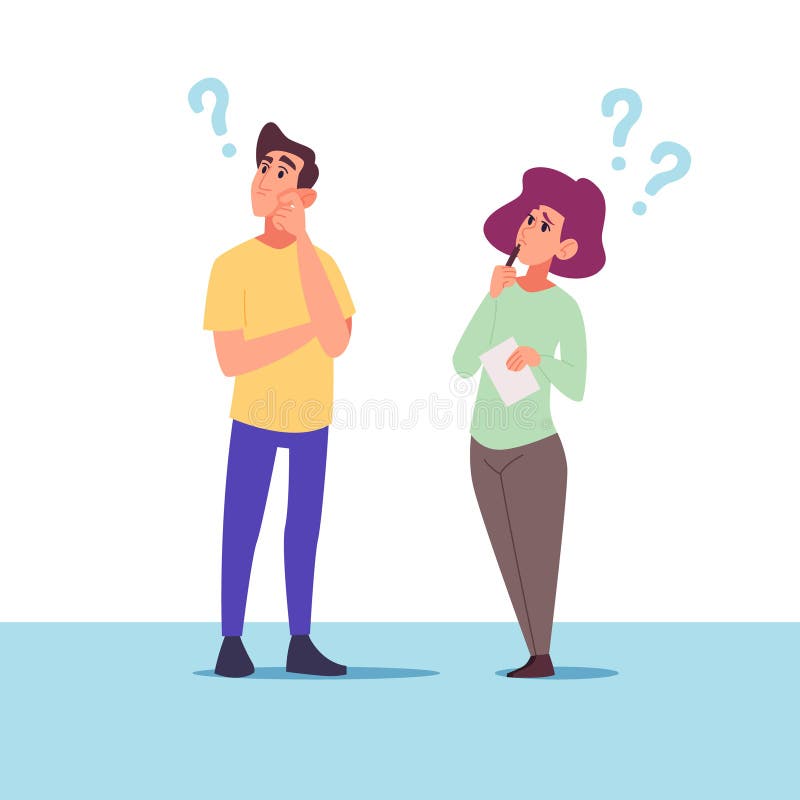 Thoughtful. Male and Female Characters Standing with Question Marks ...