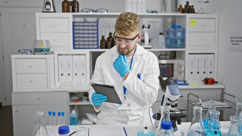A Thoughtful Male Scientist Reviewing Data on a Tablet in a Well ...