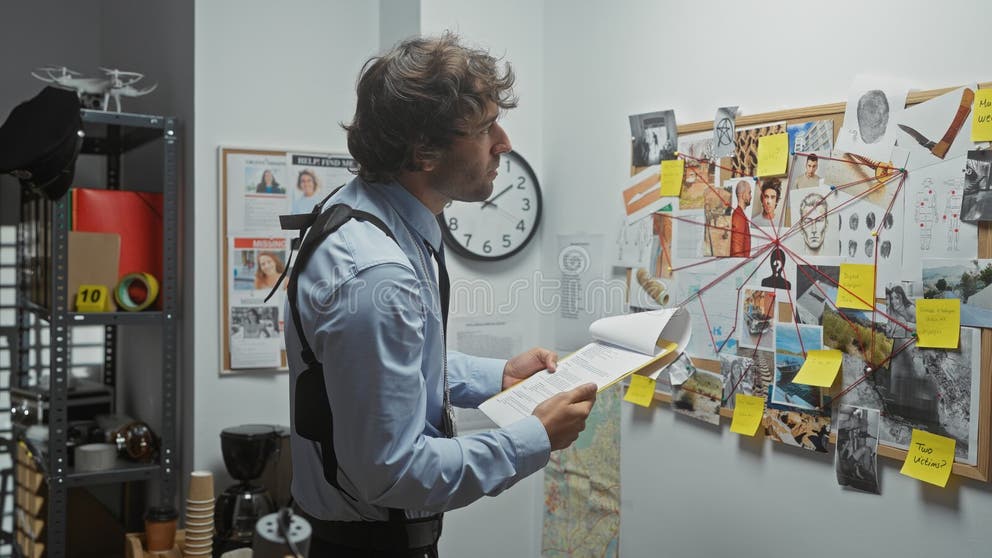 A Thoughtful Man Analyzes Evidence on a Corkboard in a Detective S ...
