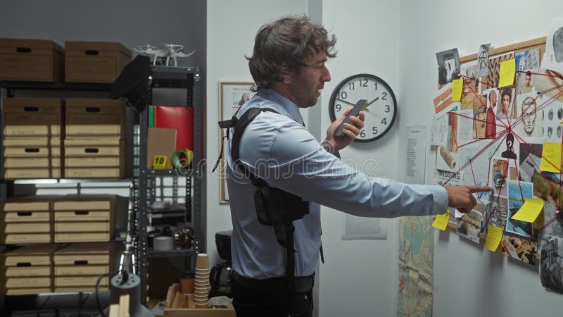 A Thoughtful Man with a Beard Analyzing Evidence in an Indoor Detective ...