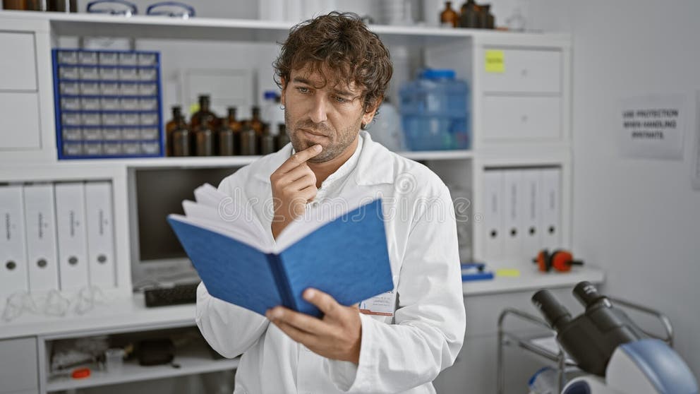 Thoughtful Man with Beard Reading a Manual in a Laboratory Setting ...