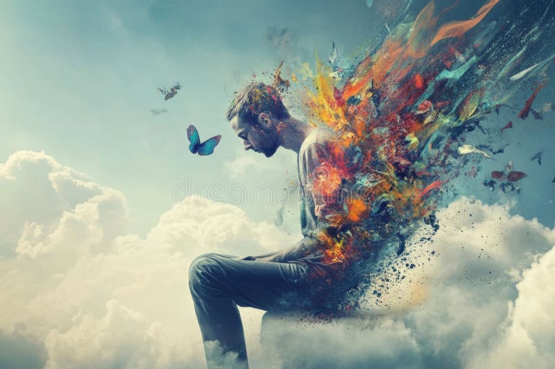Man Exploding with Creativity is Flying Above the Clouds Stock Image ...