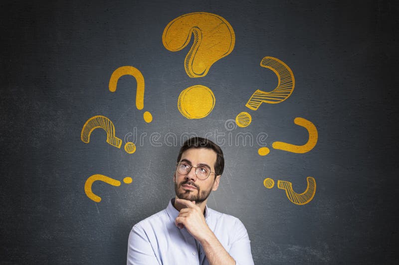 Thoughtful Man with Glasses Thinking Under Multiple Yellow Question ...