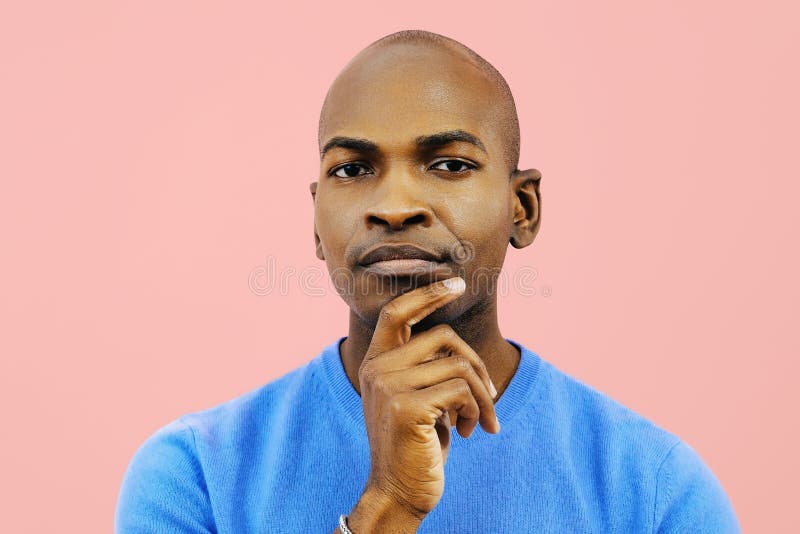 Thoughtful Man with Hand on Chin Stock Photo - Image of portrait ...