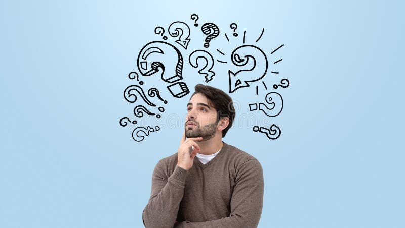 Thoughtful Man with Hand on Chin Surrounded by Drawn Question Ma Stock ...