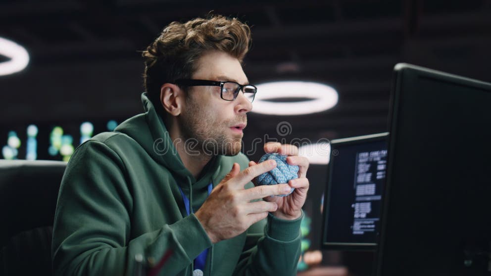 Thoughtful Man Looking Computer Pondering Project at Dark Datacenter Closeup Stock Image - Image ...